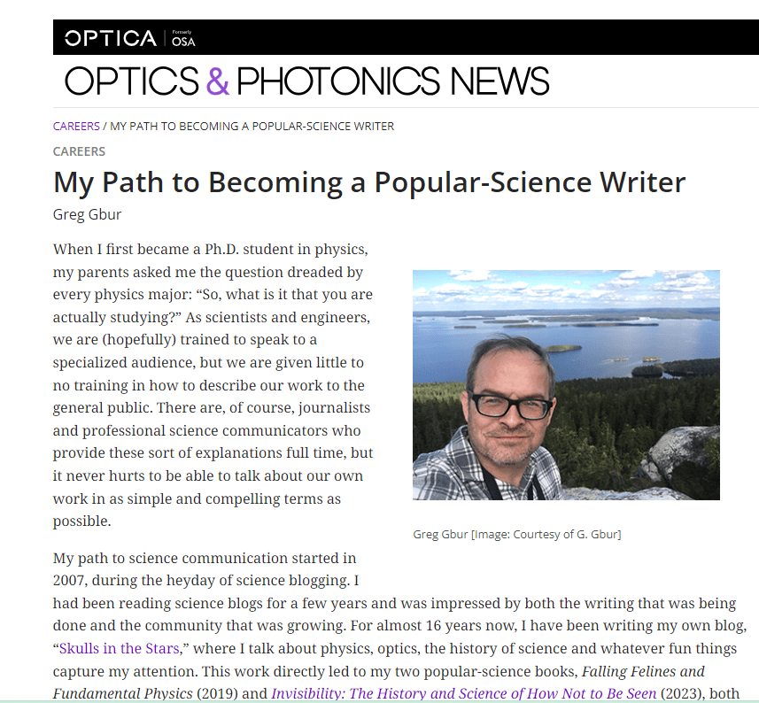 Me on science writing in Optics & Photonics News! | Skulls in the Stars
